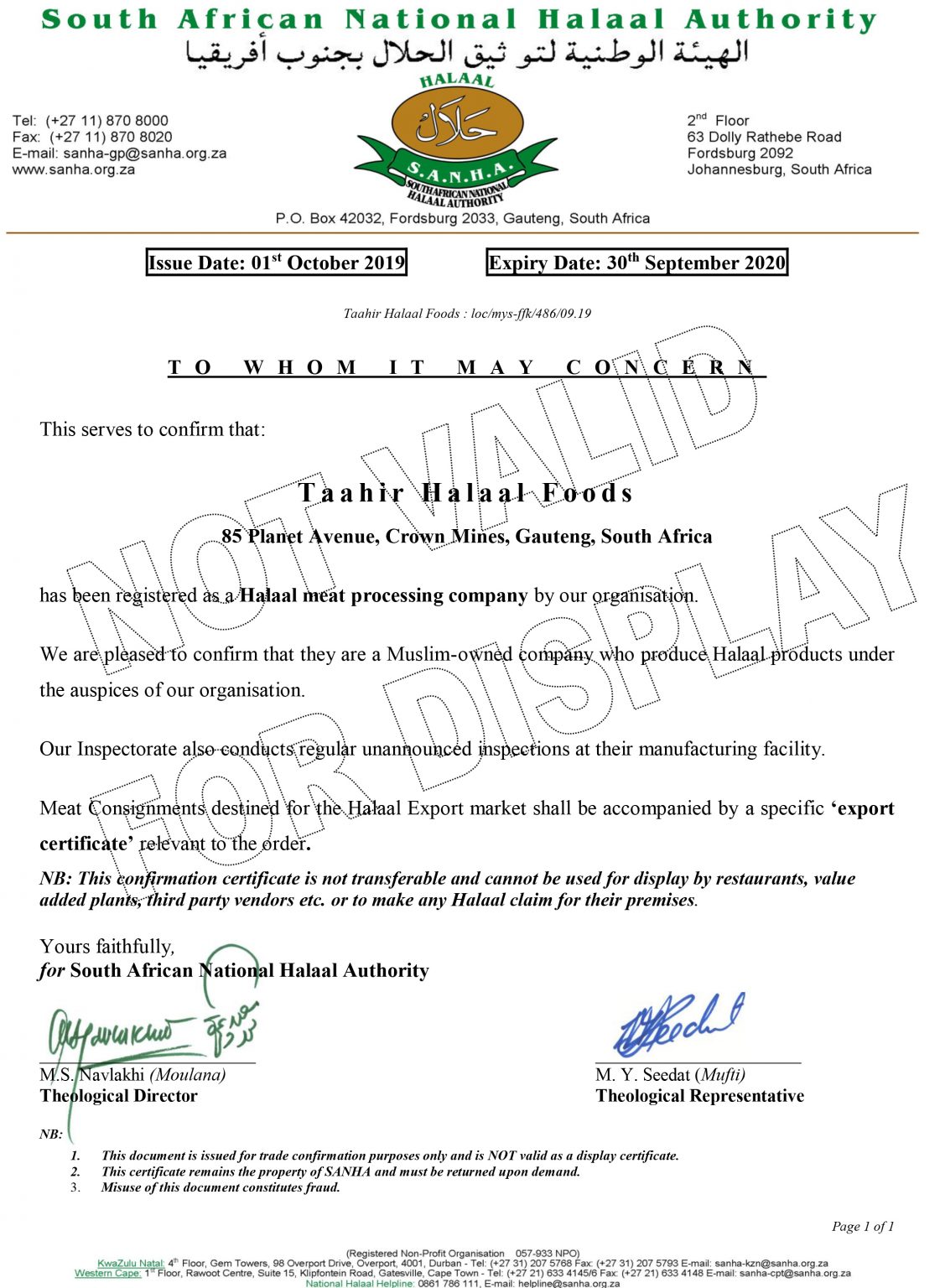 Certification - Taahir Halaal | Online Butcher Johannesburg