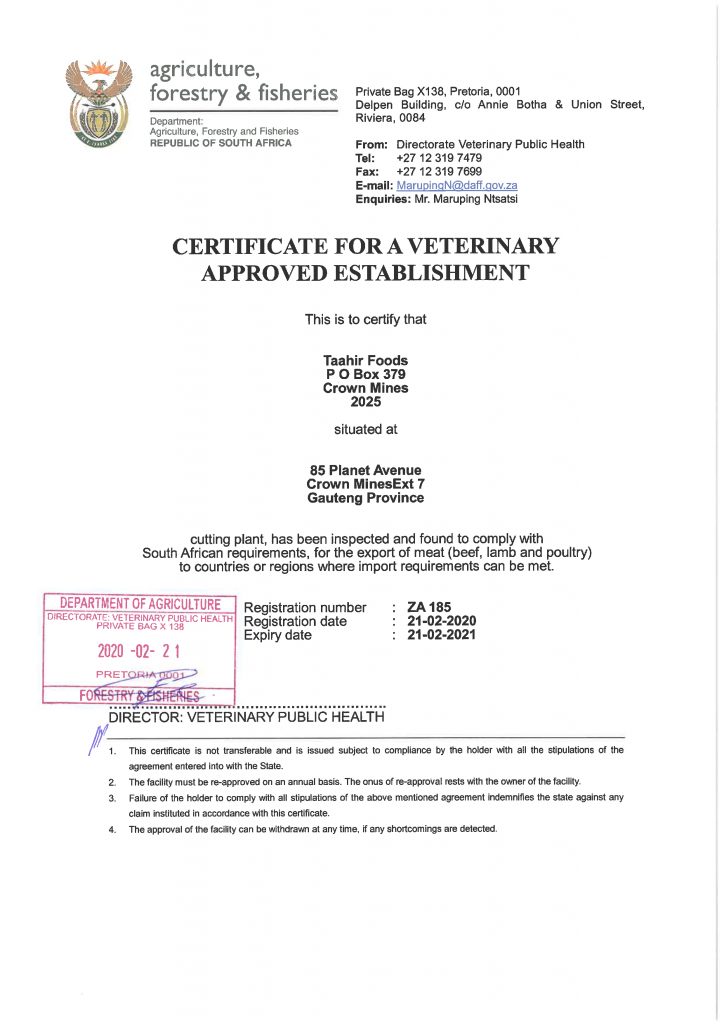Certification - Taahir Halaal | Online Butcher Johannesburg